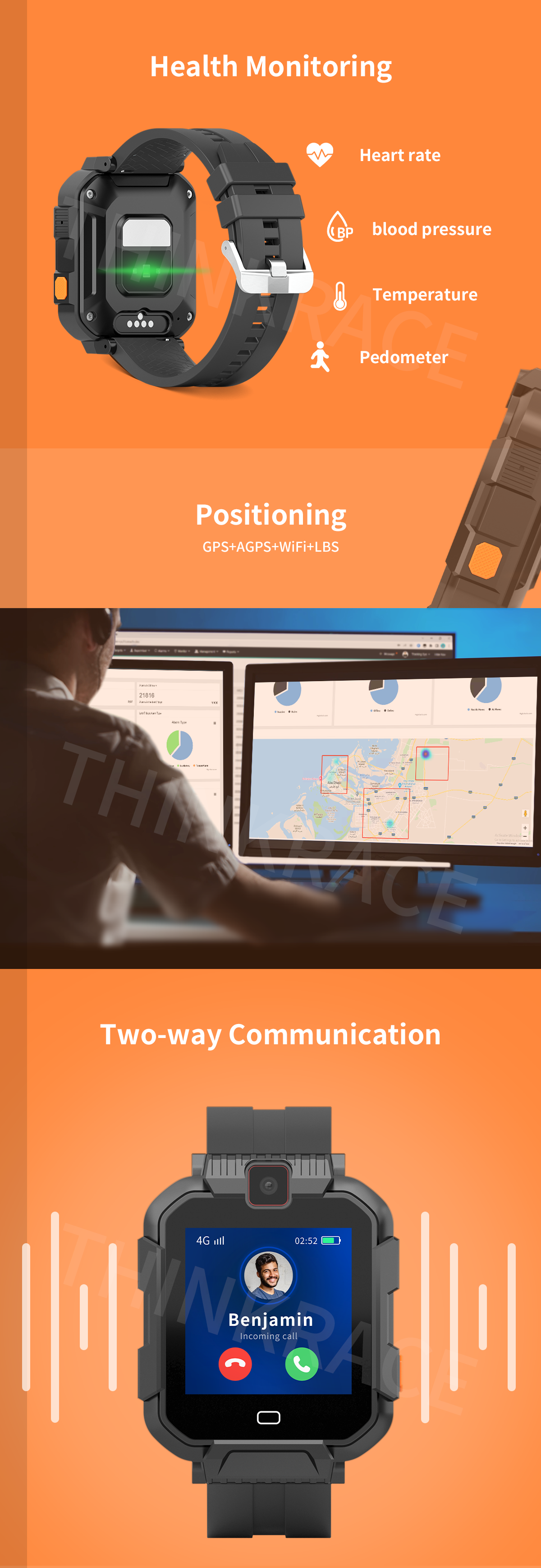 Construction Site Workers GPS Watch Temperature Heart Rate Bracelet ...