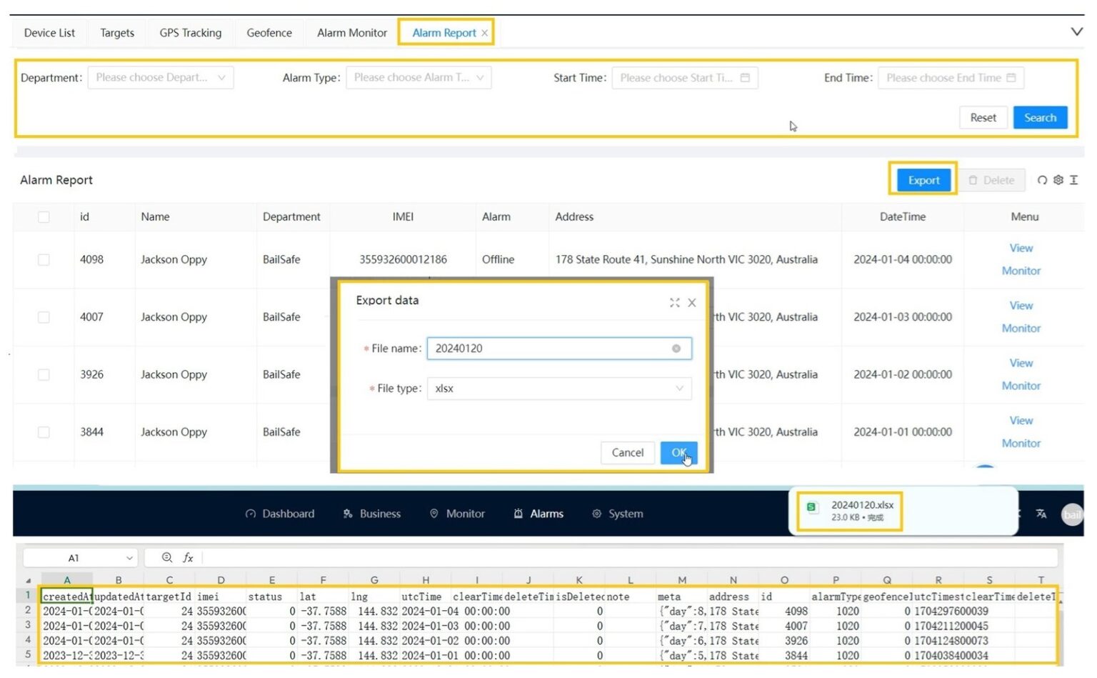 Video demo to view the alarm list and download the alarm report ...